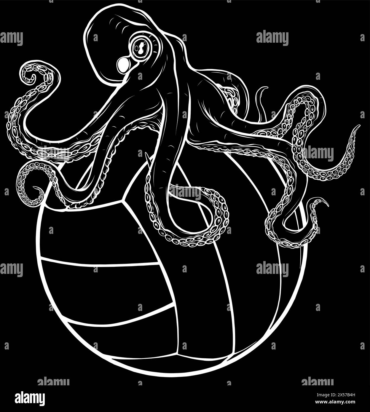 white silhouette of Volleyball ball with octopus on black background ...