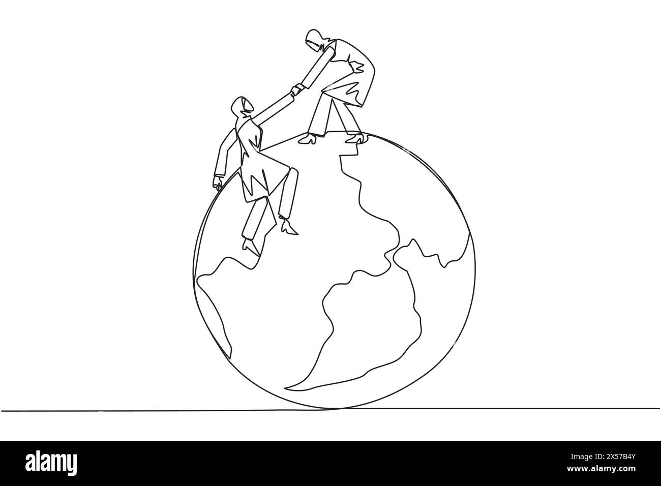 Single continuous line drawing Arabian businesswoman helps colleague ...