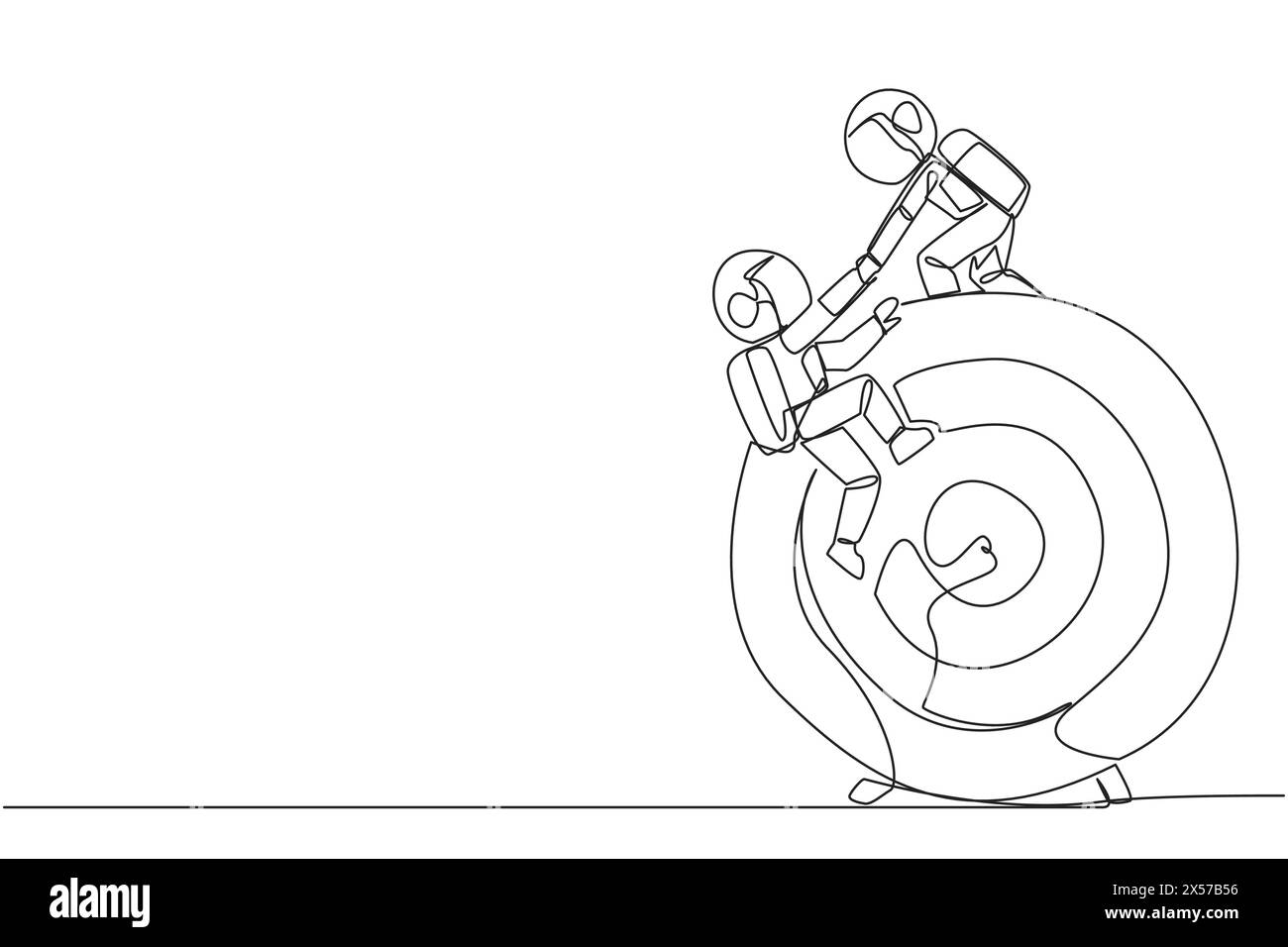 Single one line drawing young astronaut helps colleague climb the big ...