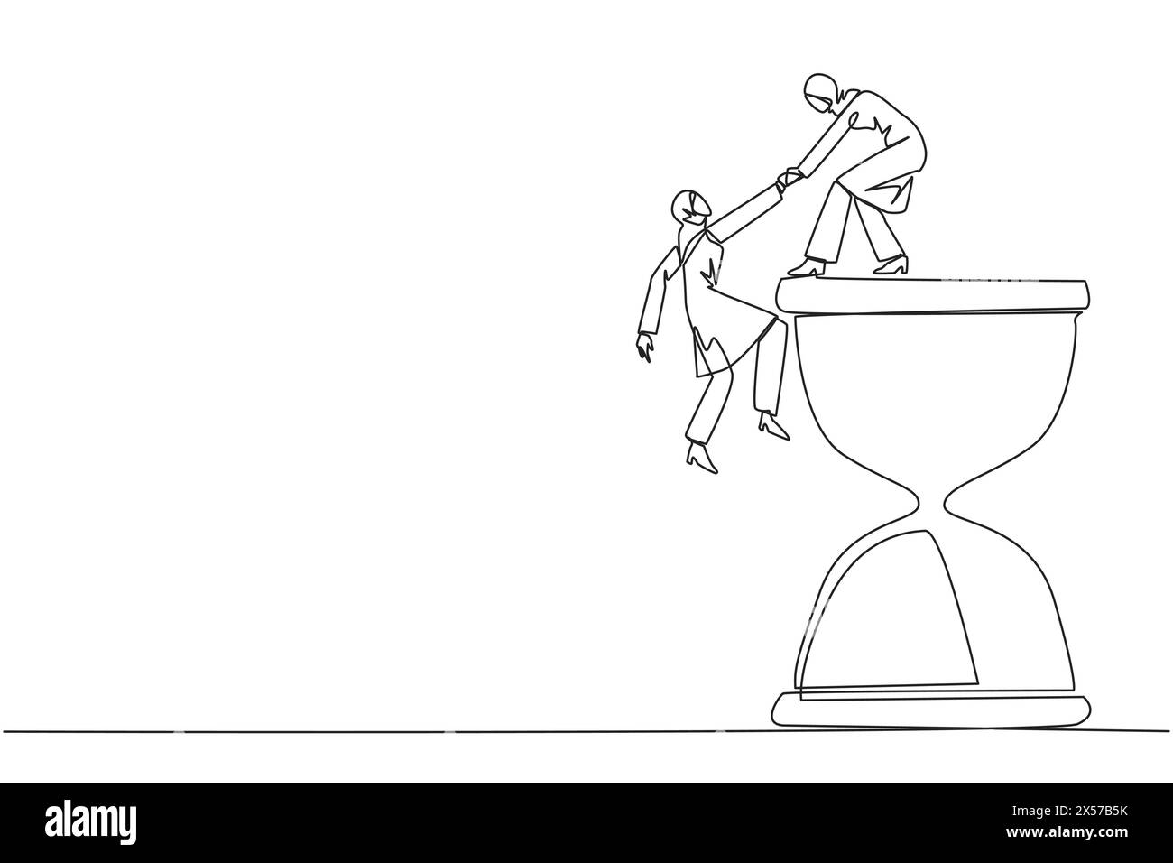 Continuous one line drawing Arab businesswoman helps colleague climb ...