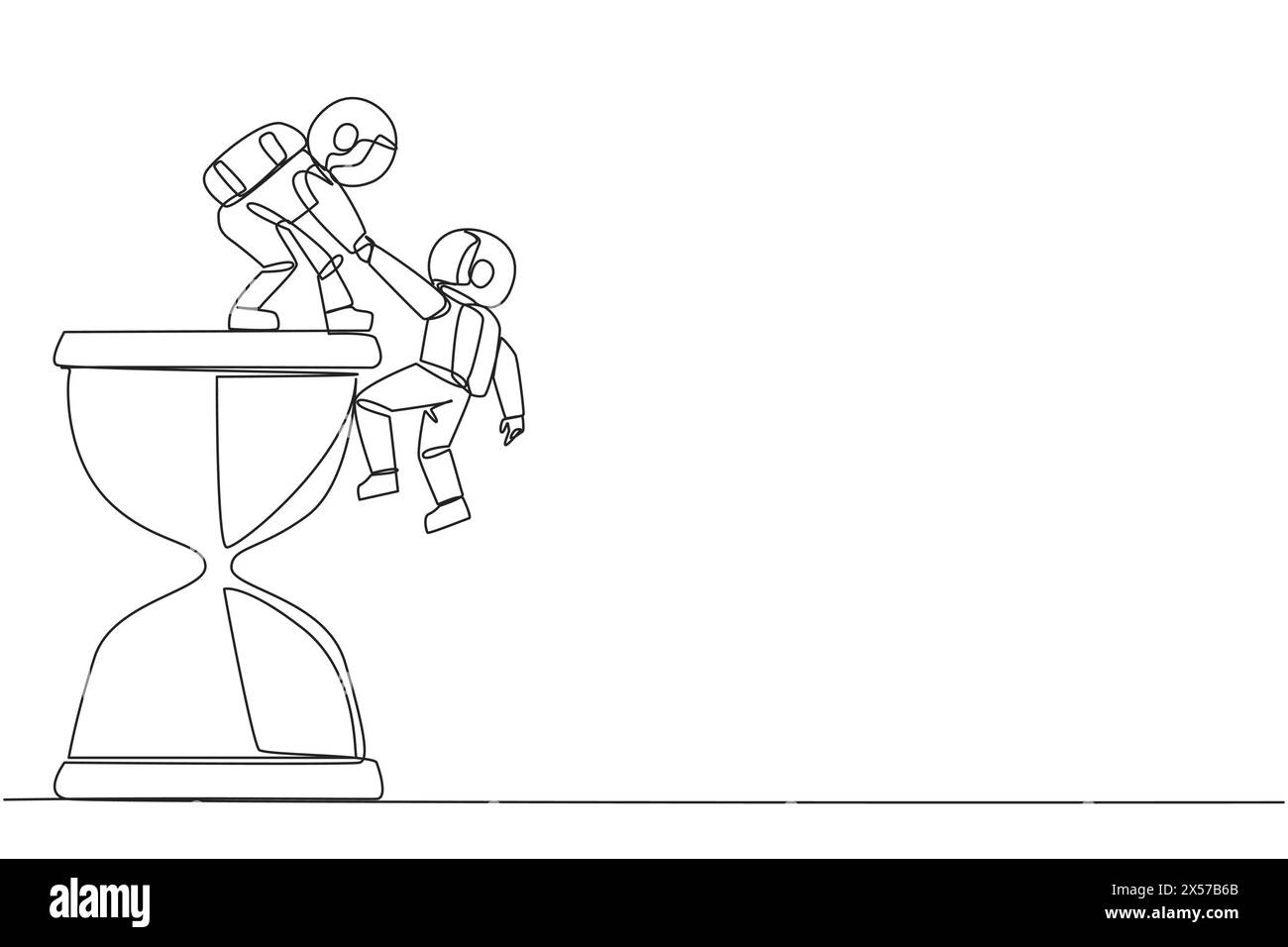 Continuous one line drawing young astronaut helps colleague climb big ...