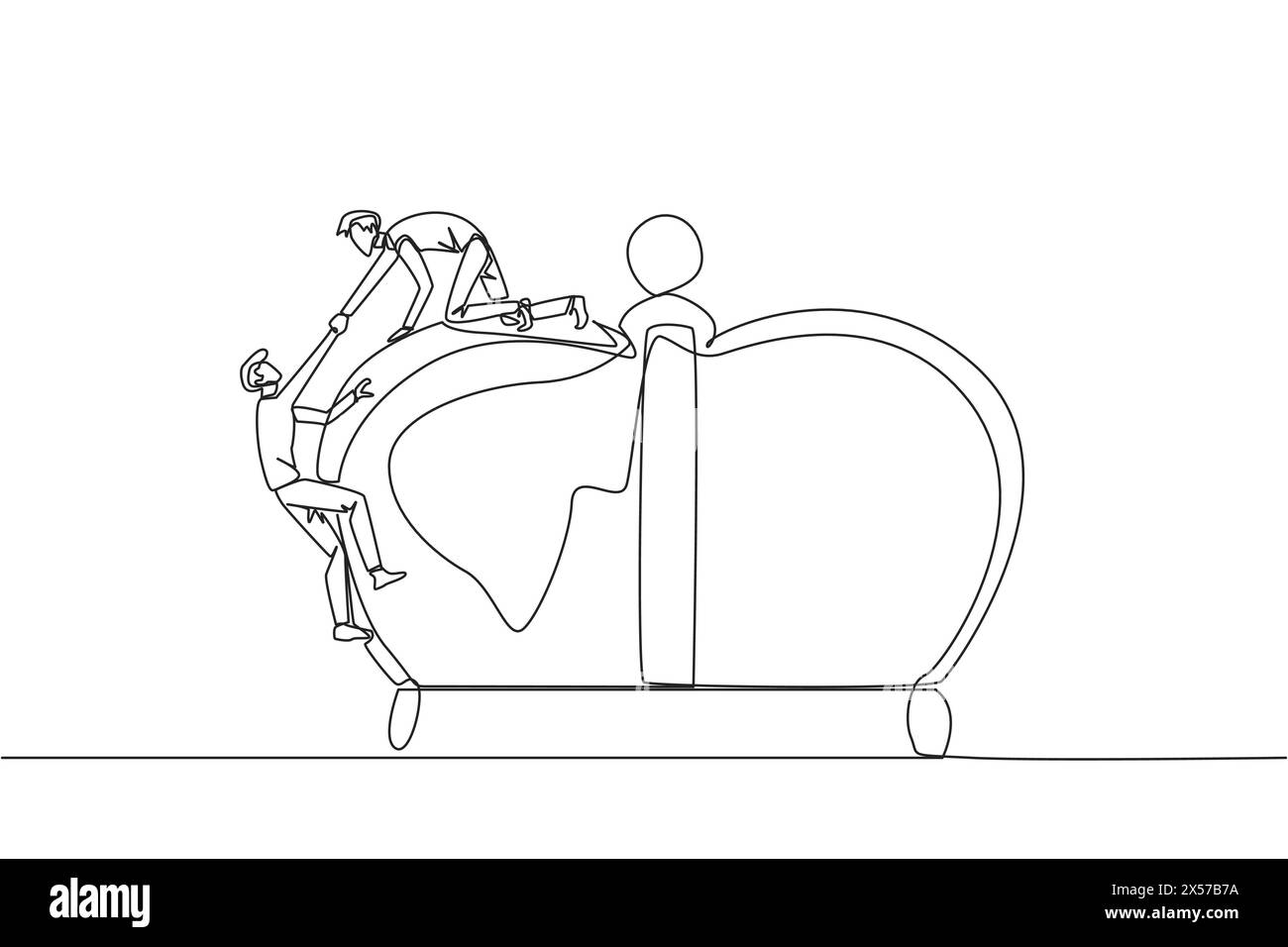 Single one line drawing businessman helps partner climb the big crown ...