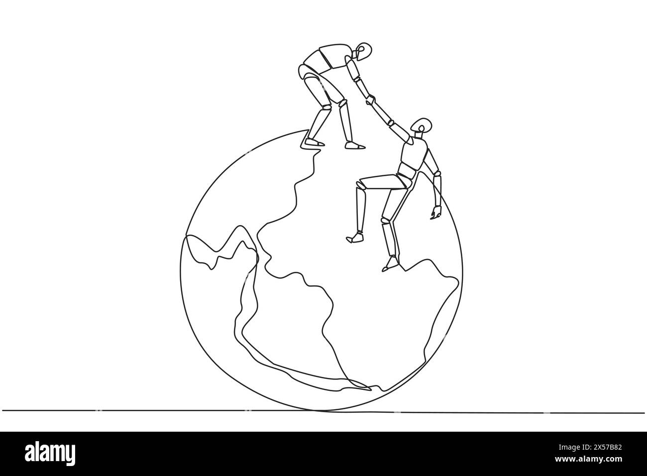 Single continuous line drawing smart robotic helps colleague climb the ...