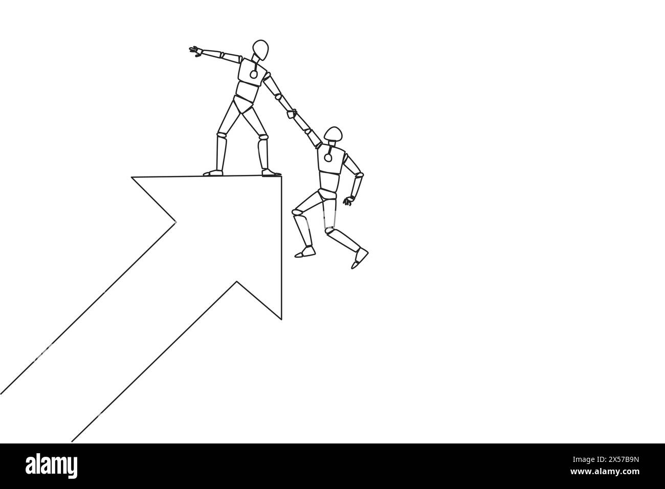 Single one line drawing robot helps colleague climb the big rising ...