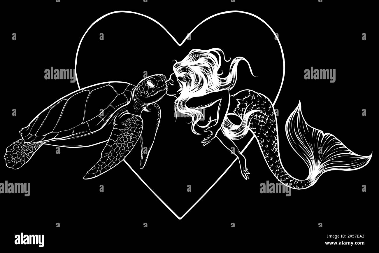 white silhouette of Beautiful little mermaid and turtle vector ...