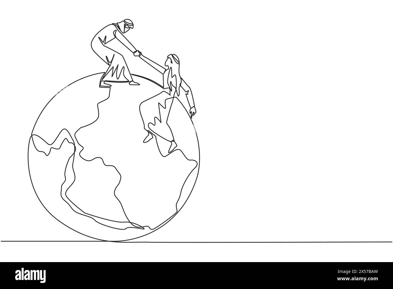 Single one line drawing Arabian businessman helps colleague climb big ...