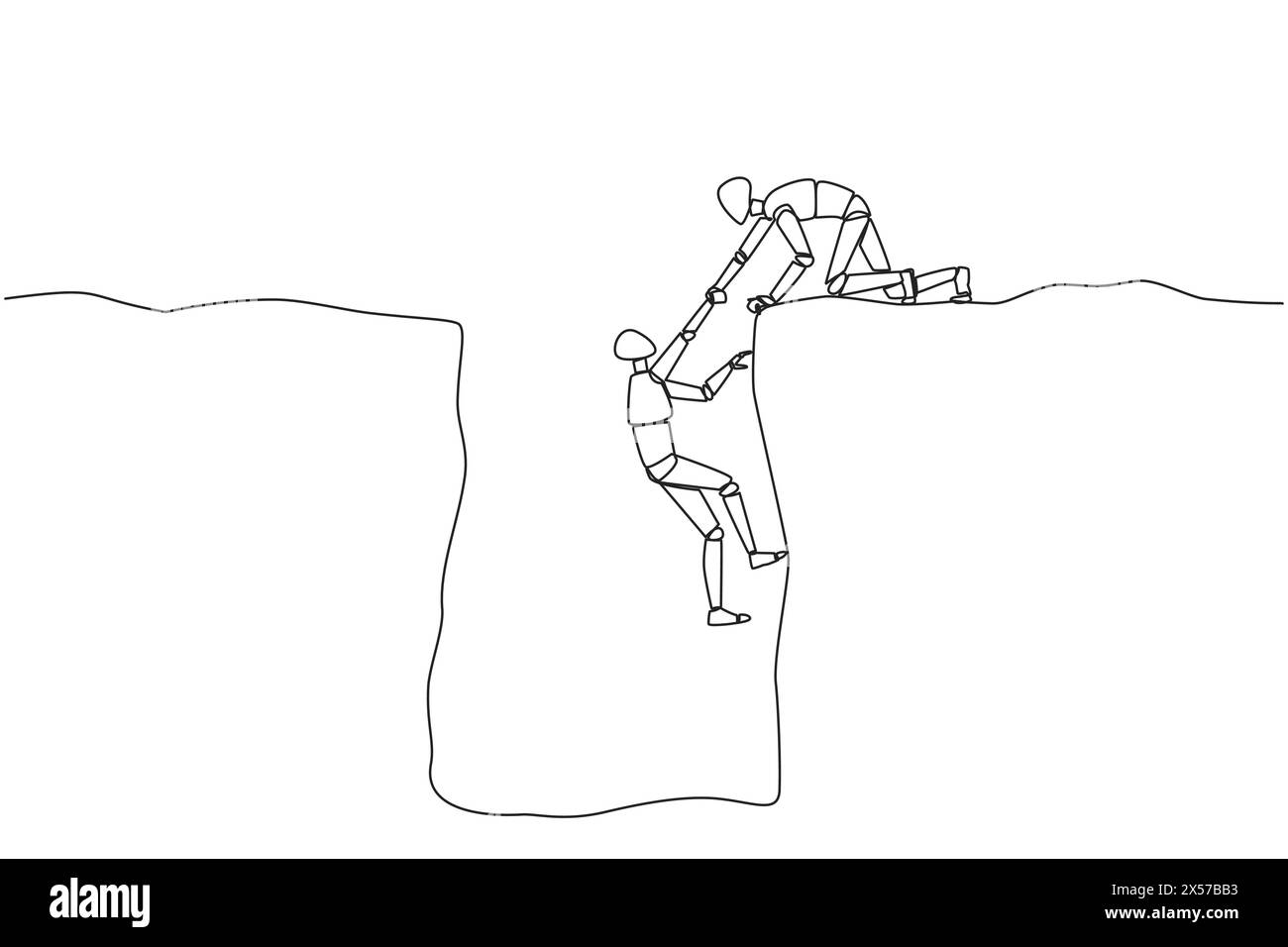 Single one line drawing smart robotic helps colleague climbing a wide ...