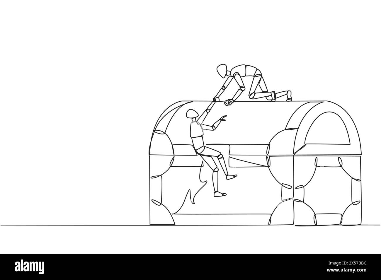 Single continuous line drawing smart robot helps colleague climbing the ...