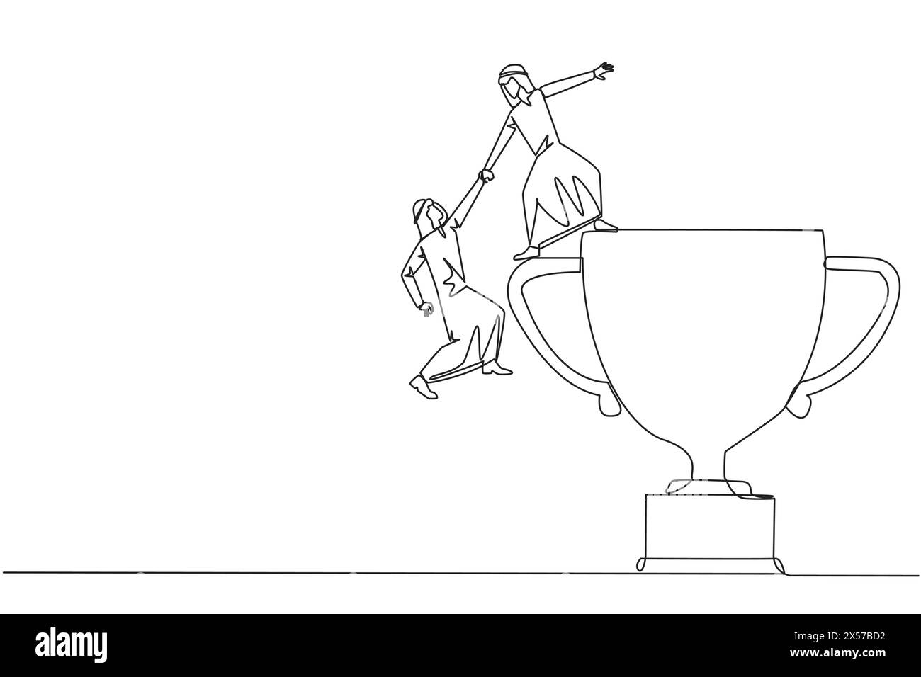 Continuous one line drawing Arab businessman helps colleague climb big ...