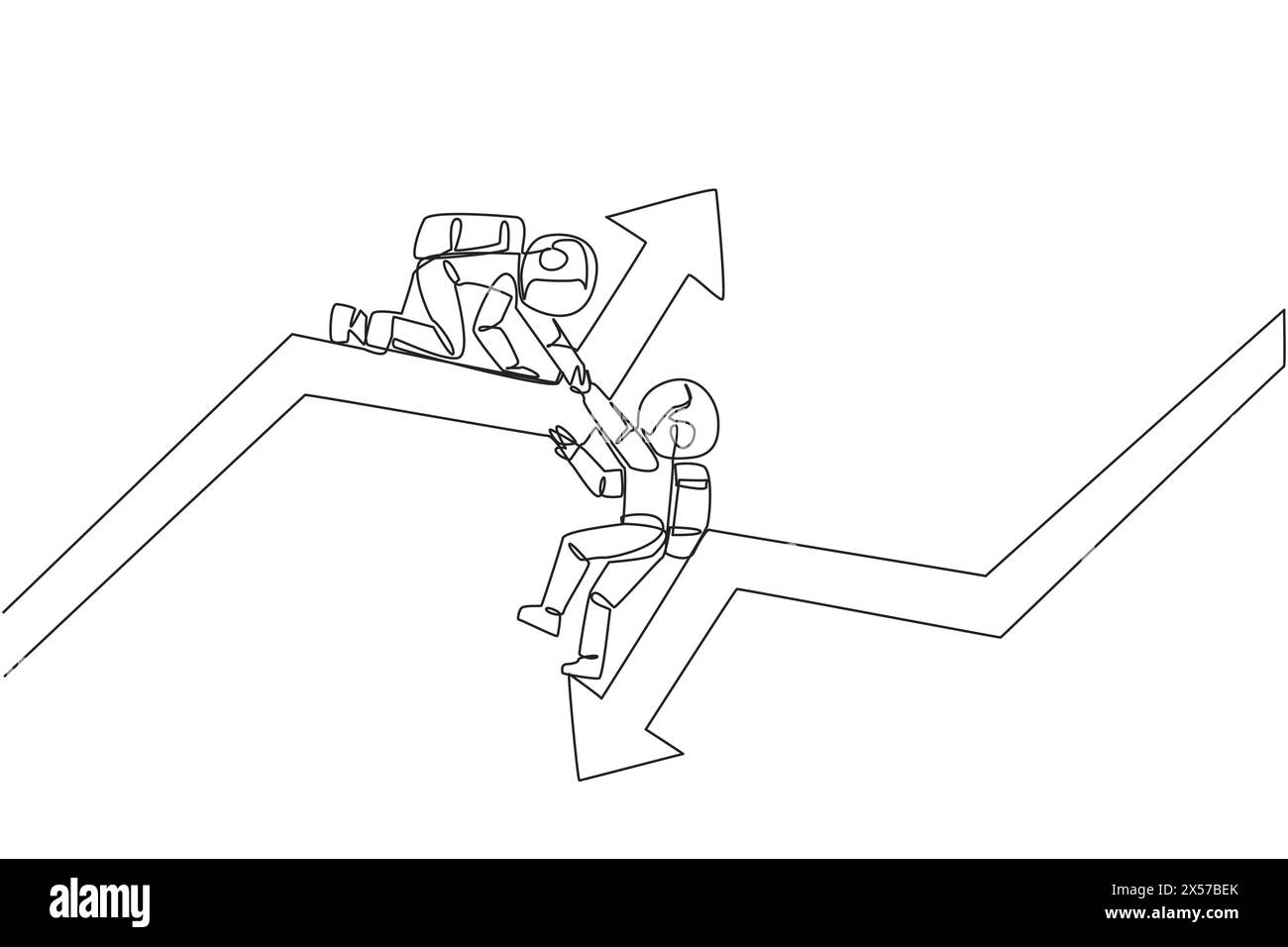 Single one line drawing astronaut helps colleague climb arrow symbol ...