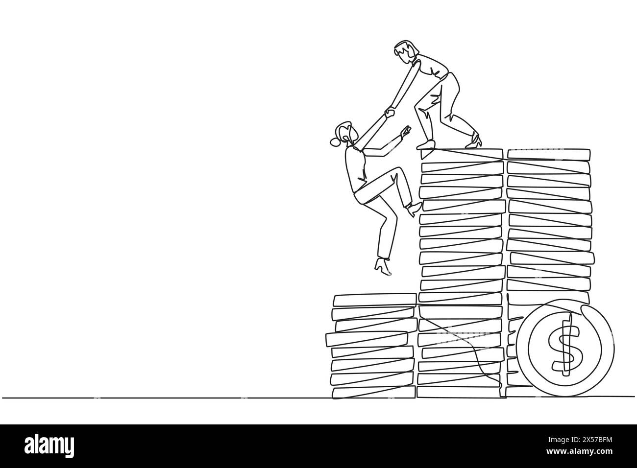 Continuous one line drawing businesswoman helps colleague climb pile of ...