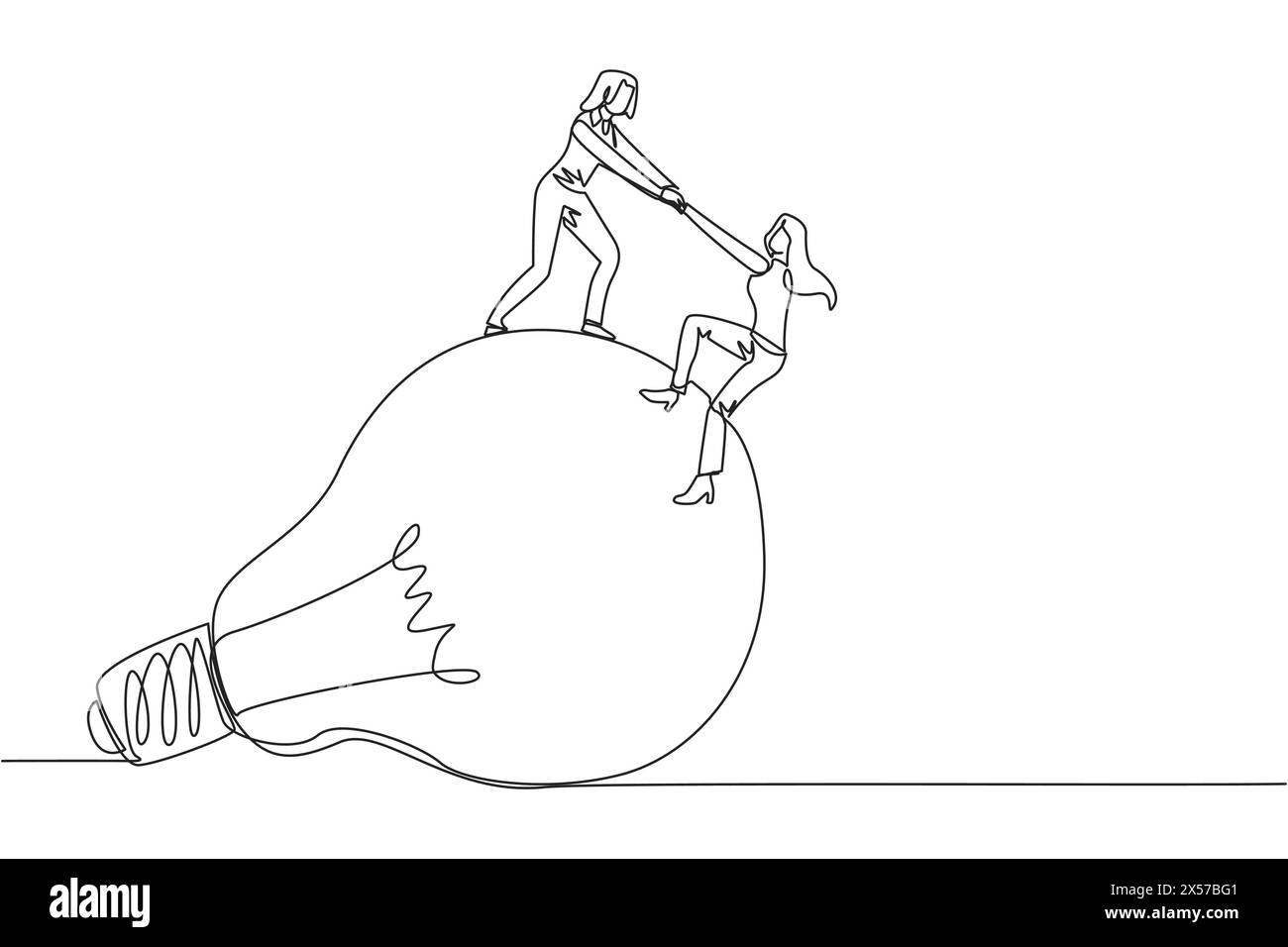 Single continuous line drawing businesswoman helps colleague climb the ...