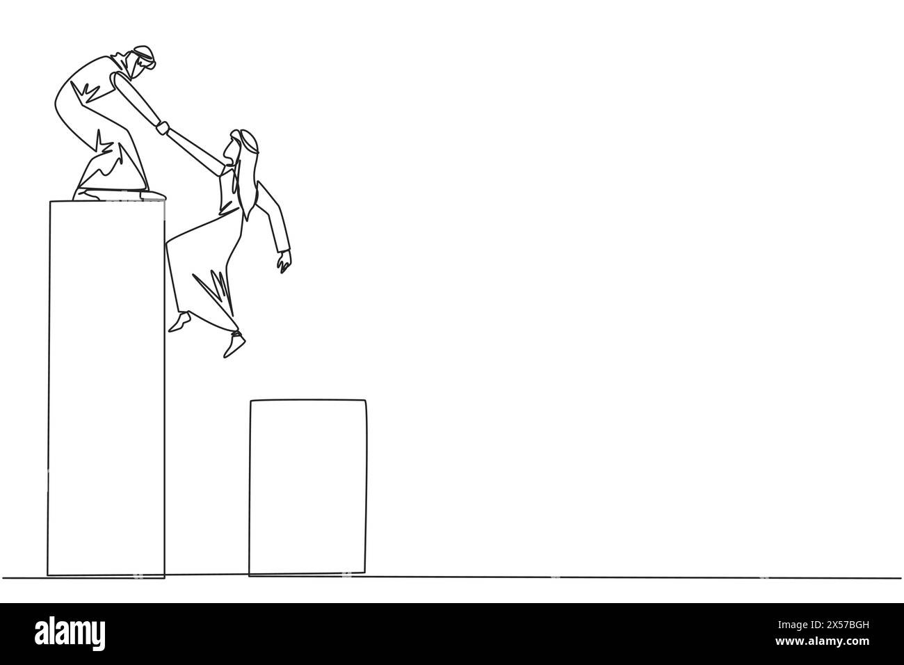 Continuous one line drawing Arab businessman helps colleague climb bar ...