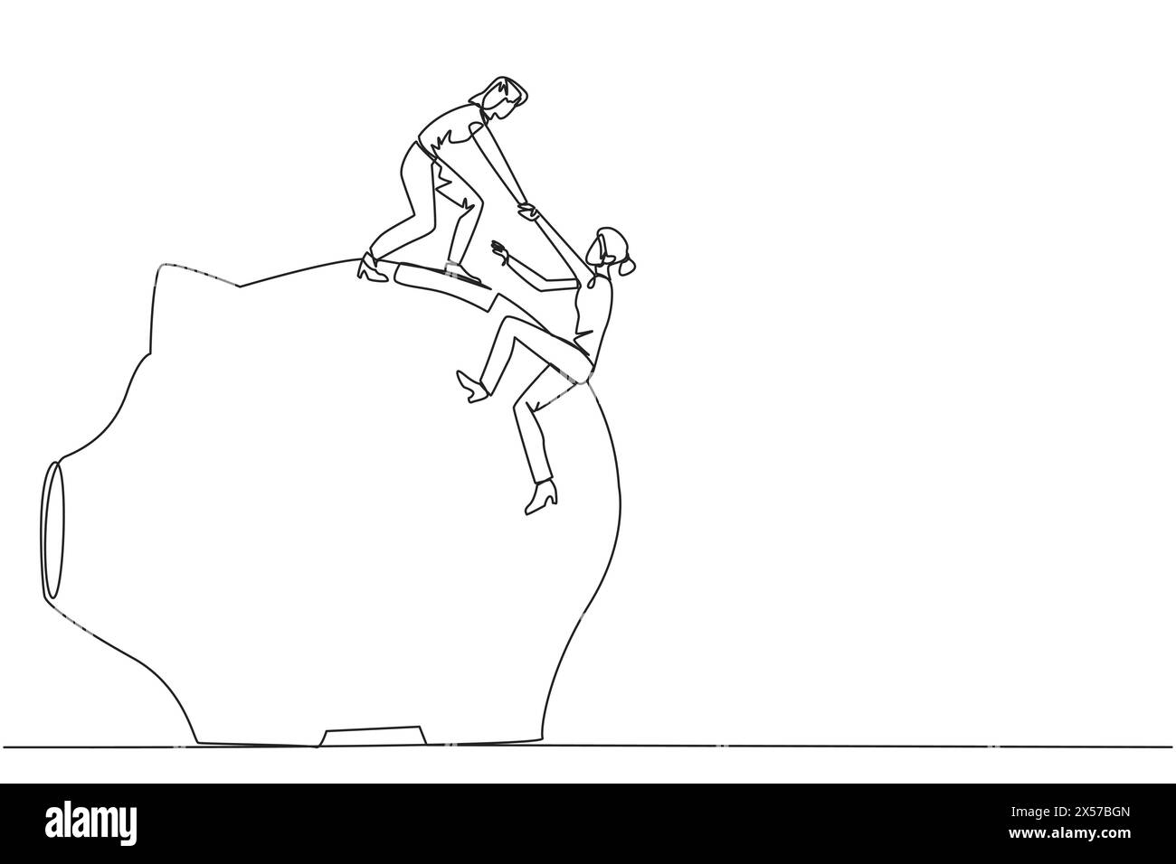 Single continuous line drawing businesswoman helps colleague climb big ...