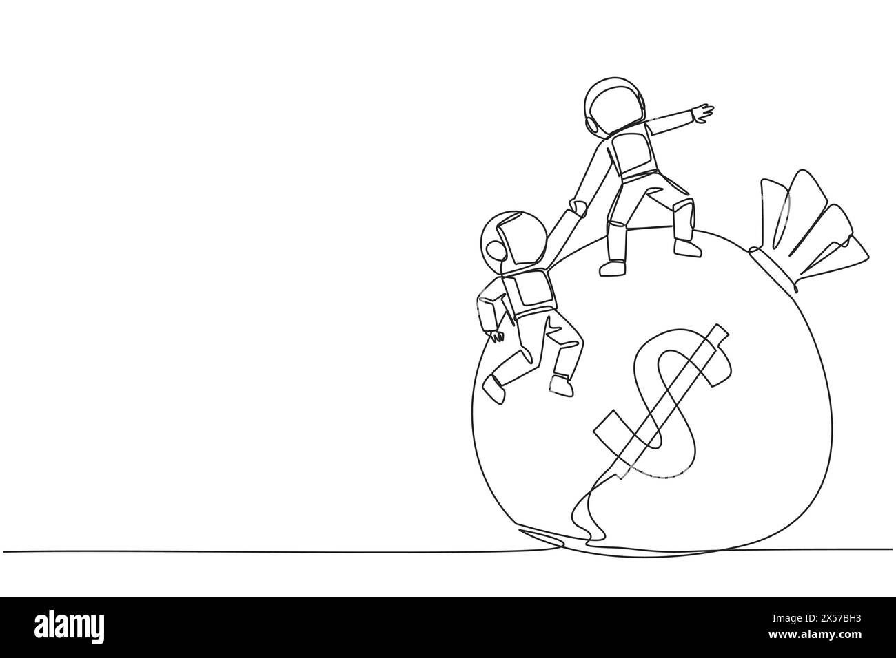 Single continuous line drawing astronaut helps colleague to climb big ...