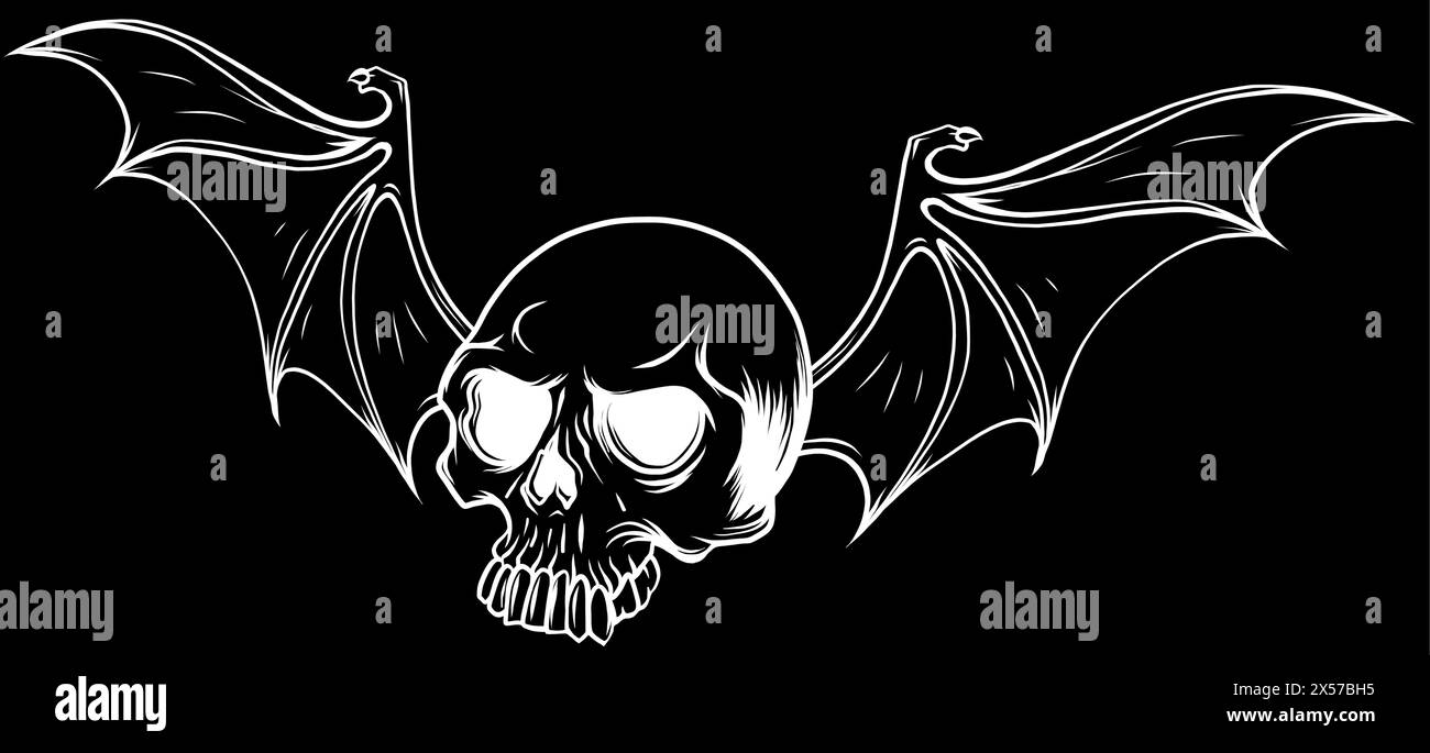 white silhouette of skull and bat wing on black background vector ...