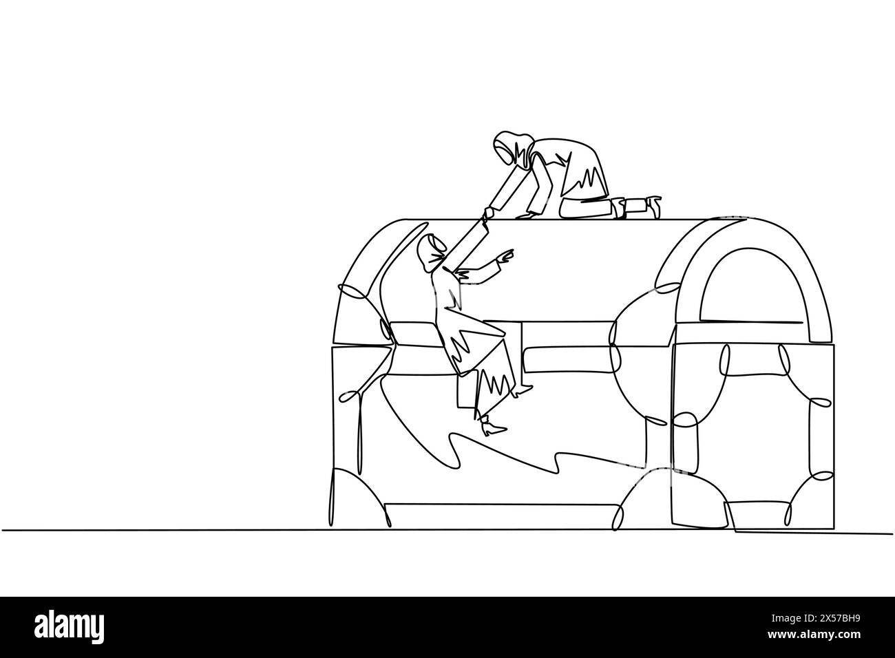 Continuous one line drawing Arabian businesswoman helps colleague climb ...