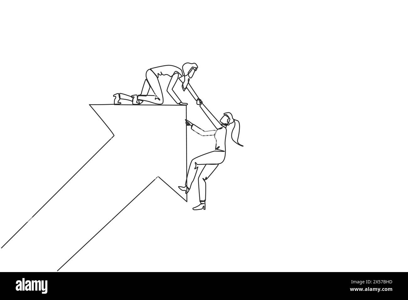 Continuous one line drawing businesswoman helps colleague climb rising ...
