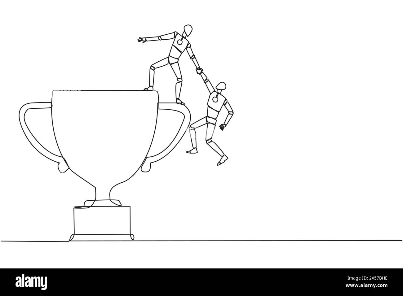 Single one line drawing smart robotic helps colleague climb the big ...