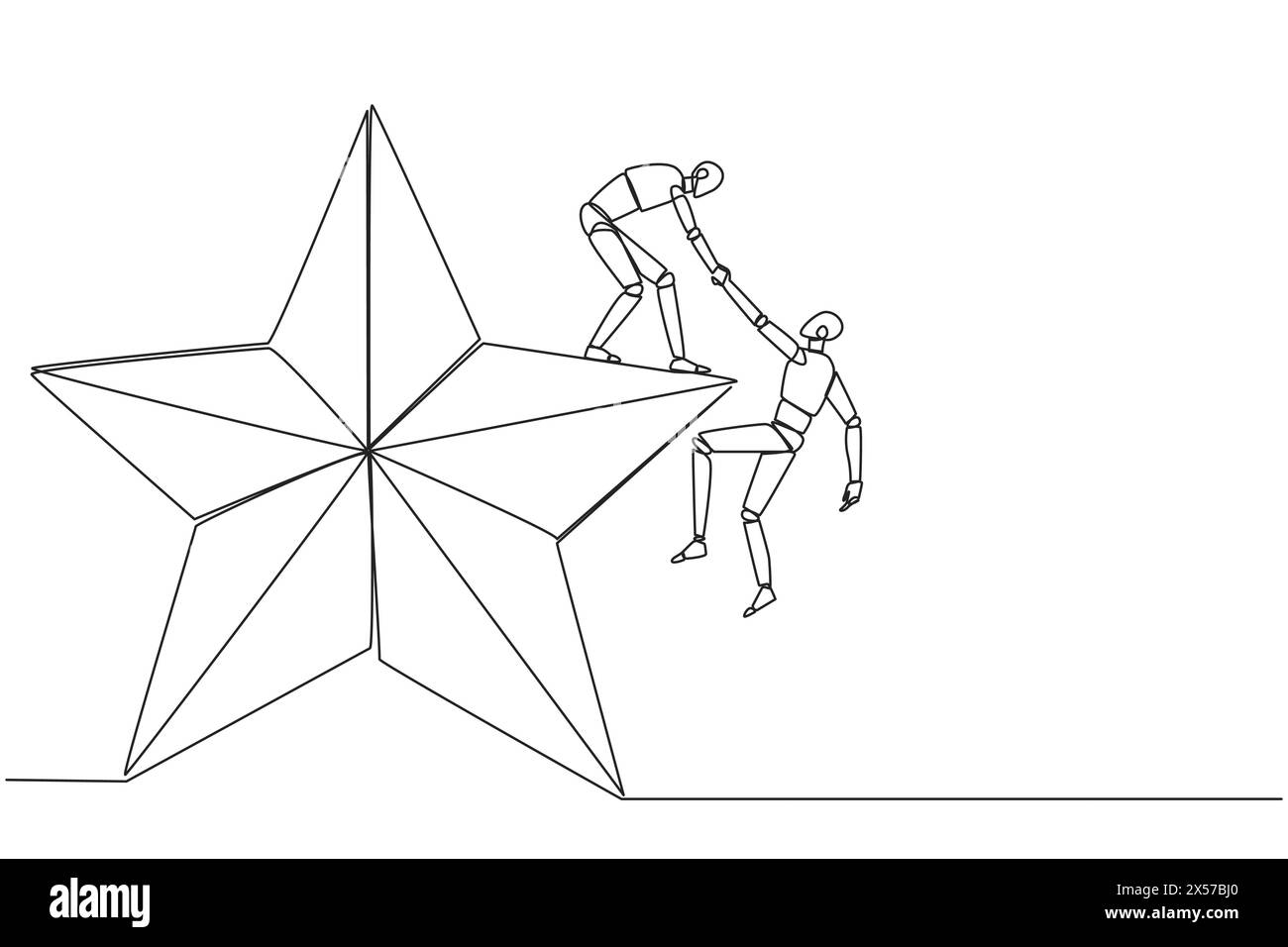 Continuous one line drawing smart robot helps colleague climb big star ...