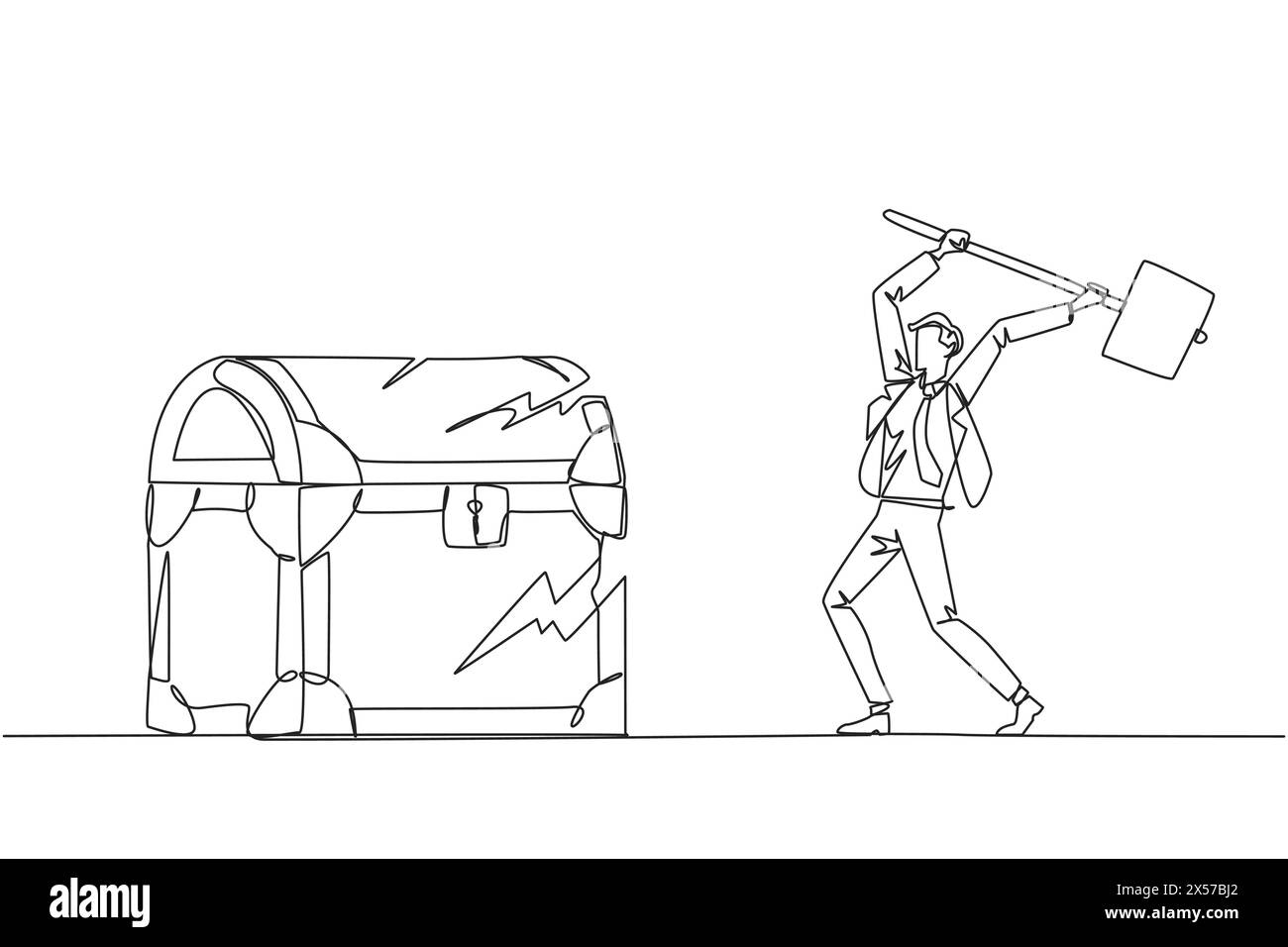 Single one line drawing businessman preparing to hit a big treasure ...