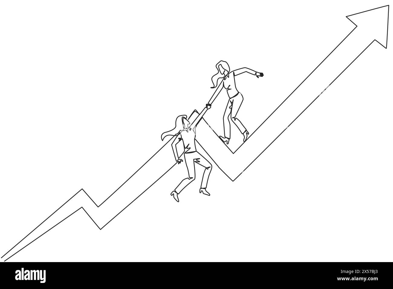 Single continuous line drawing businesswoman helps colleague to climb ...