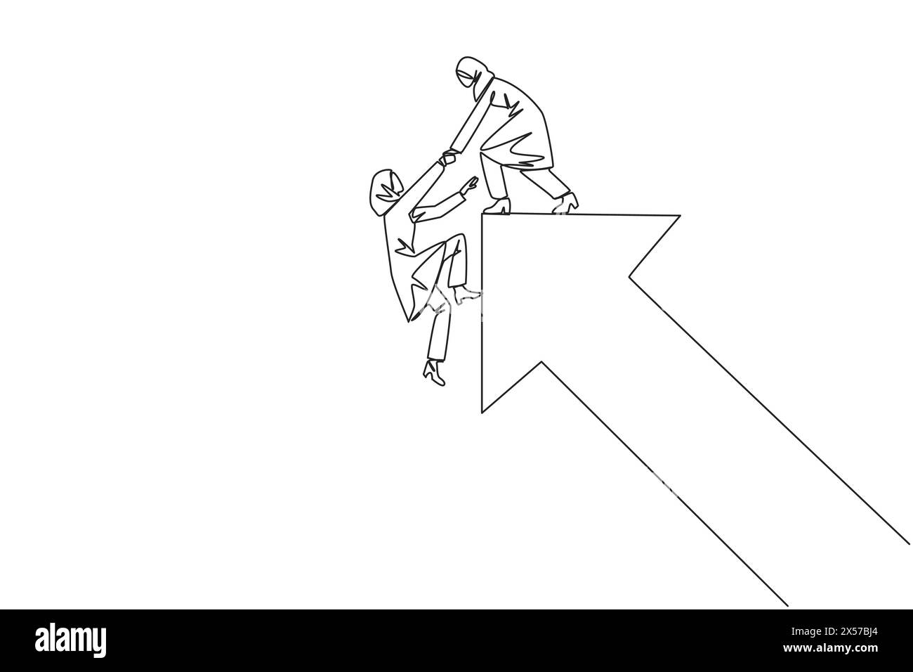 Continuous one line drawing Arabian businesswoman helps colleague climb ...