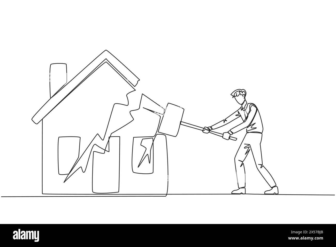 Single continuous line drawing businessman preparing to hit miniature ...