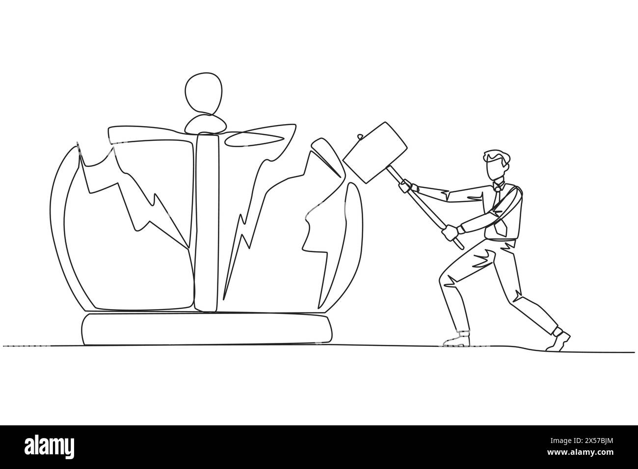 Single continuous line drawing businessman preparing to hit big crown ...