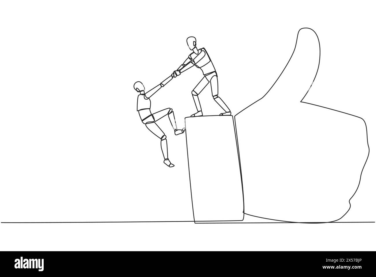 Continuous one line drawing smart robot helps colleague climb big ...
