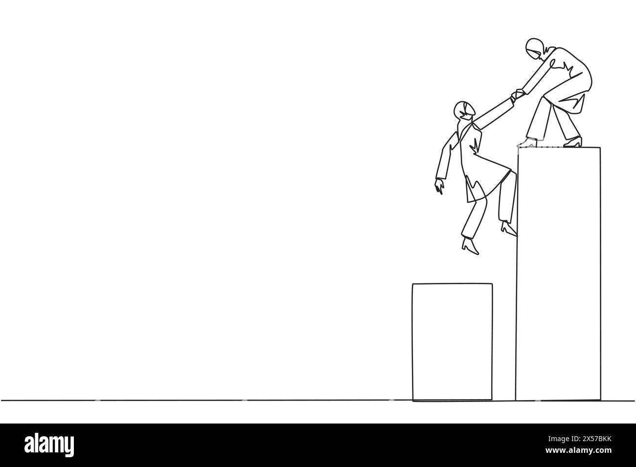 Single continuous line drawing Arabian businesswoman helps colleague ...