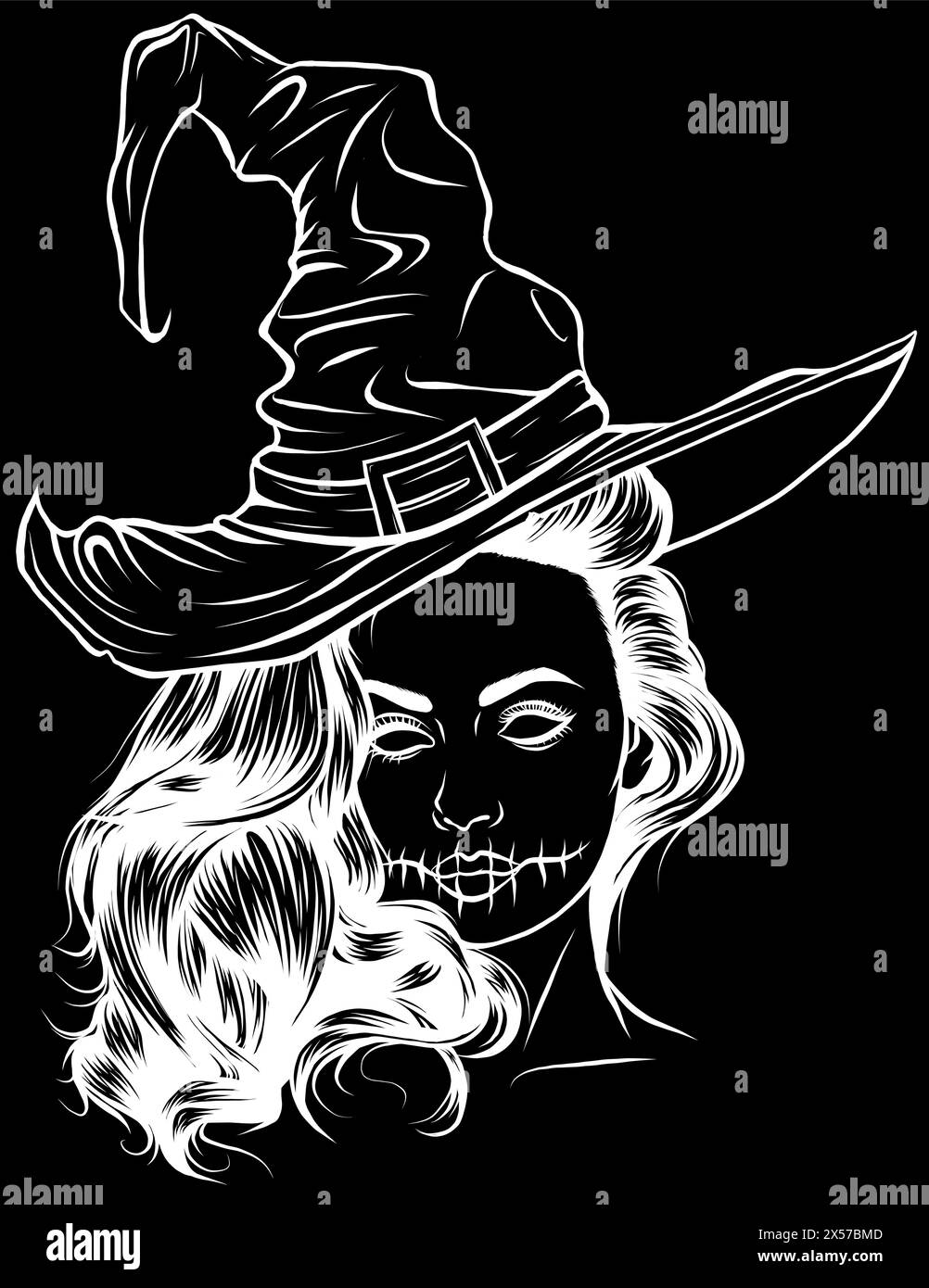 white silhouette of Pretty witch with hat on black background. Vector ...