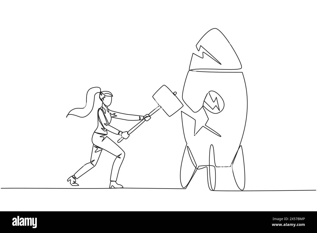 Continuous one line drawing businesswoman preparing to hit a standing ...