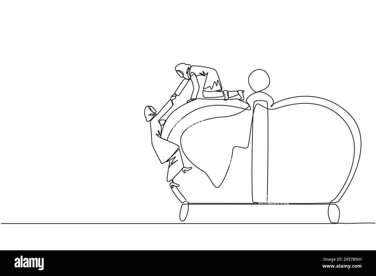 Continuous one line drawing Arab businesswoman helps partner climbs ...