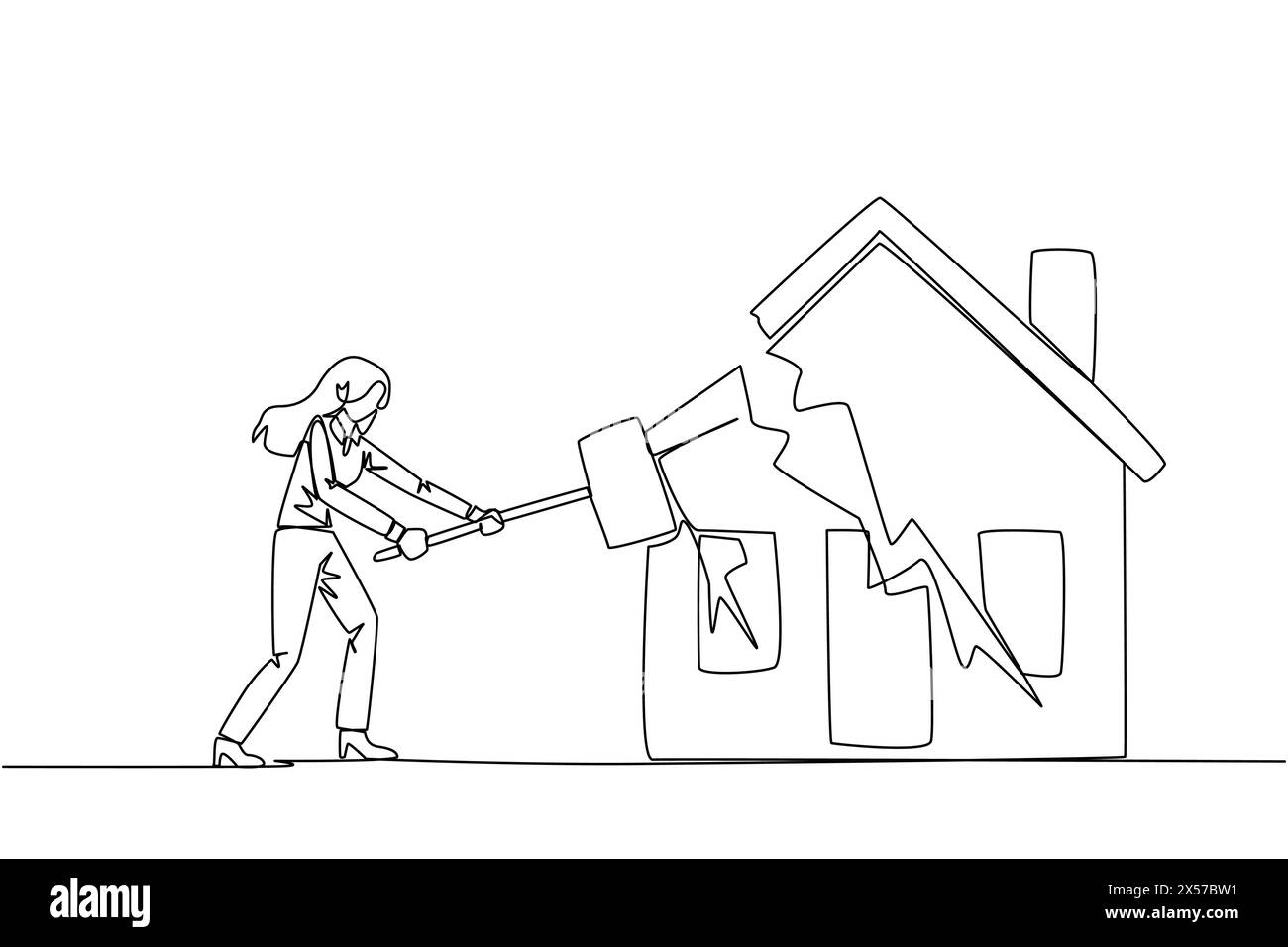 Single continuous line drawing businesswoman preparing to hit miniature ...