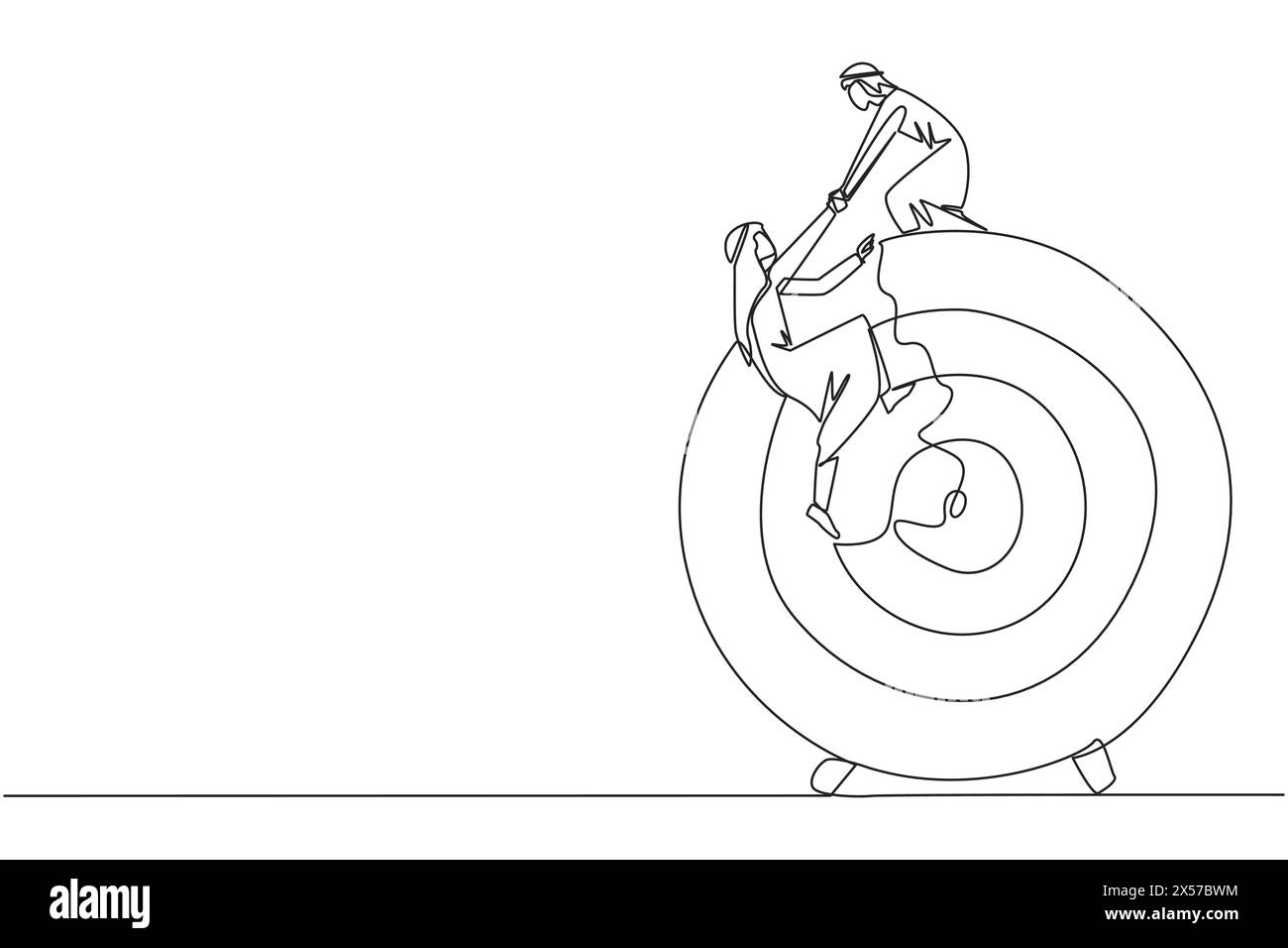 Continuous one line drawing Arabian businessman helps colleague climb ...