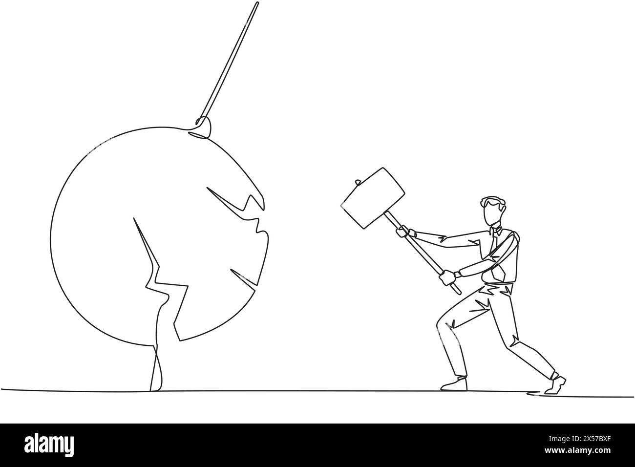 Single one line drawing businessman preparing to hit a big swinging ...