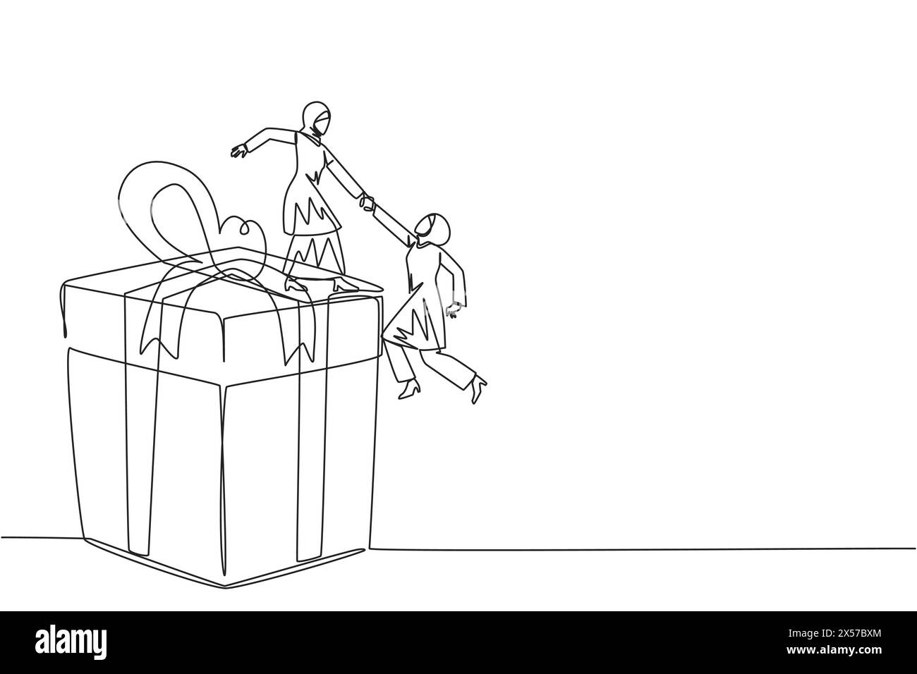 Continuous one line drawing Arab businesswoman helps colleague climb ...