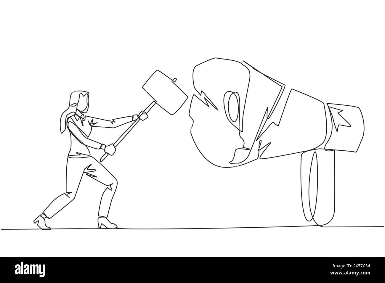 Single one line drawing businesswoman preparing to hit big megaphone ...
