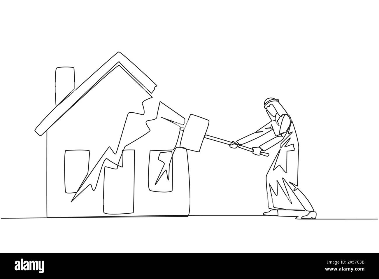 Single one line drawing Arabian businessman preparing to hit miniature ...