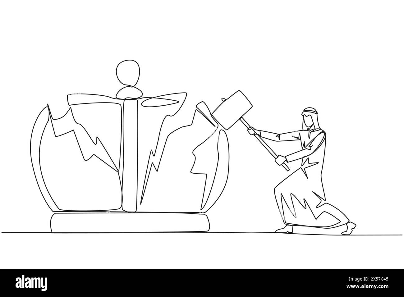 Single continuous line drawing Arabian businessman preparing to hit big ...