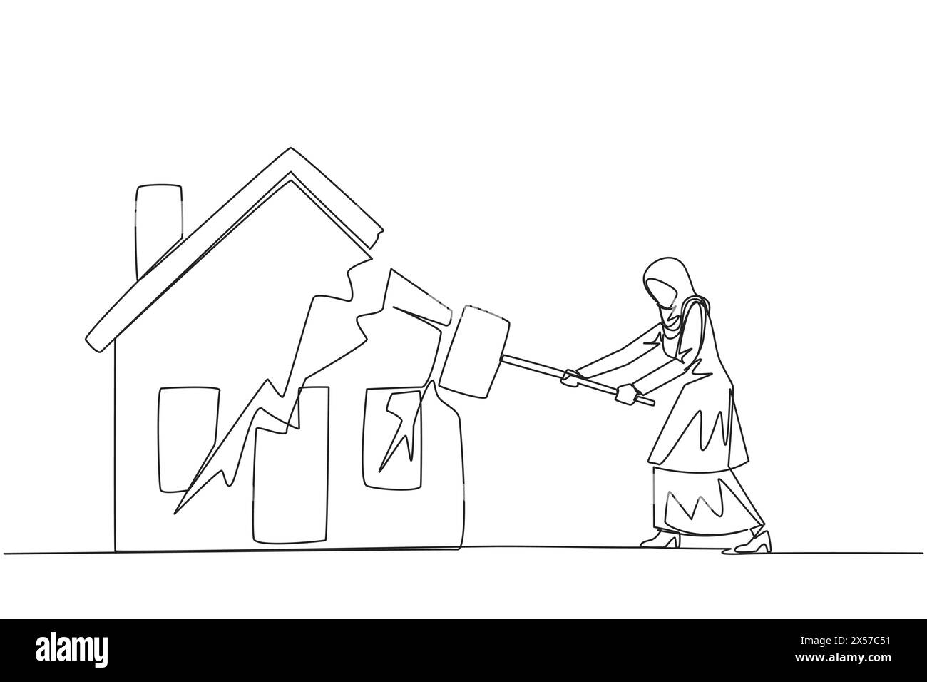 Single continuous line drawing Arabian businesswoman preparing to hit ...