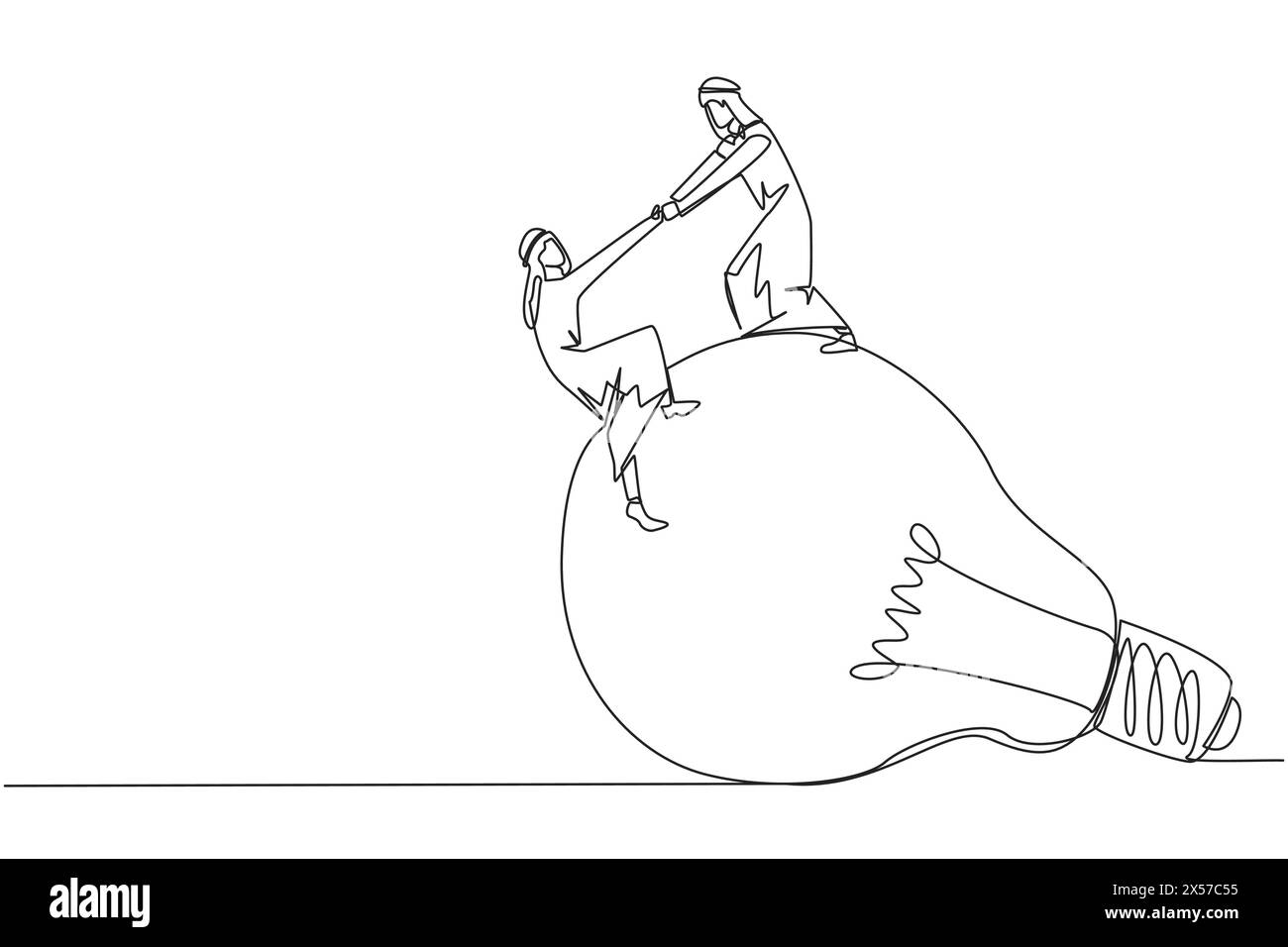 Single one line drawing Arabian businessman helps colleague climb big ...