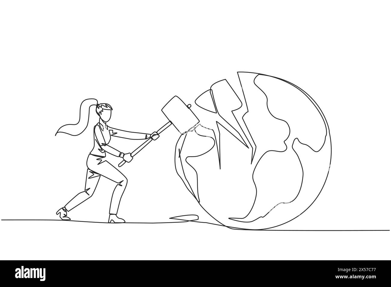 Continuous one line drawing businesswoman preparing to hit the big ...