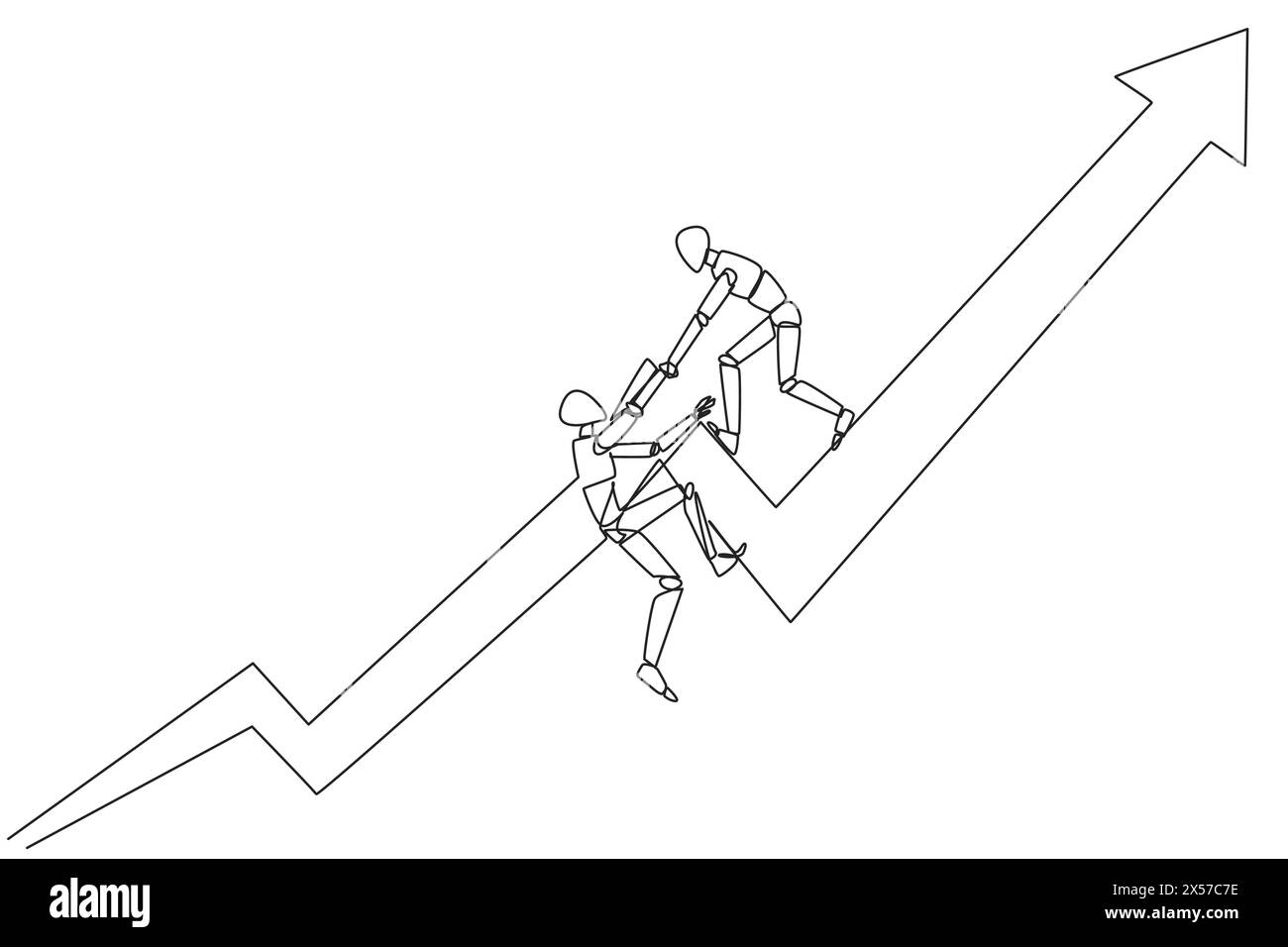 Single continuous line drawing smart robotic helps colleague to climbs ...