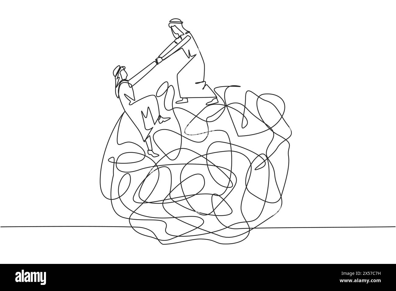 Single continuous line drawing Arab businessman helps colleague climb ...