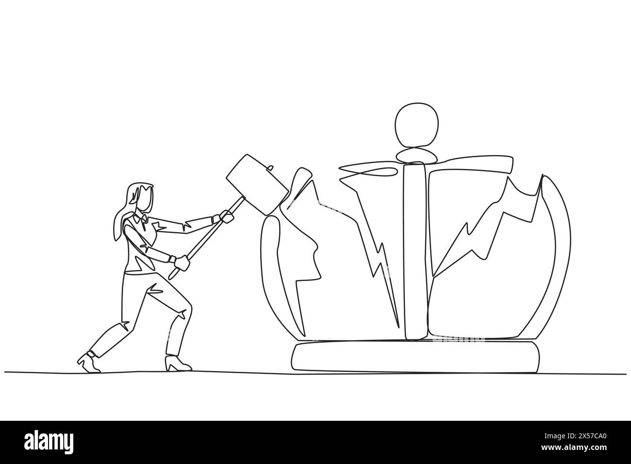 Single one line drawing businesswoman preparing to hit big crown ...