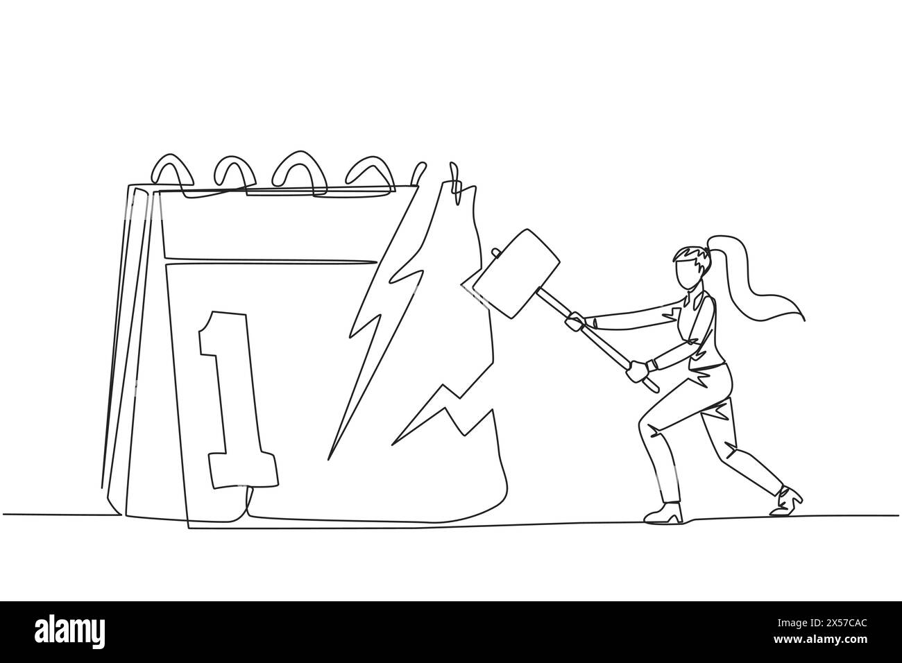 Single continuous line drawing businesswoman preparing to hit big desk ...