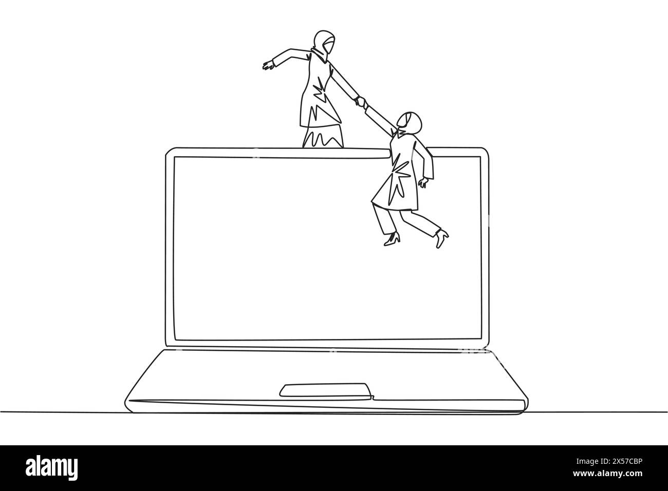 Single continuous line drawing Arabian businesswoman helps colleague to ...