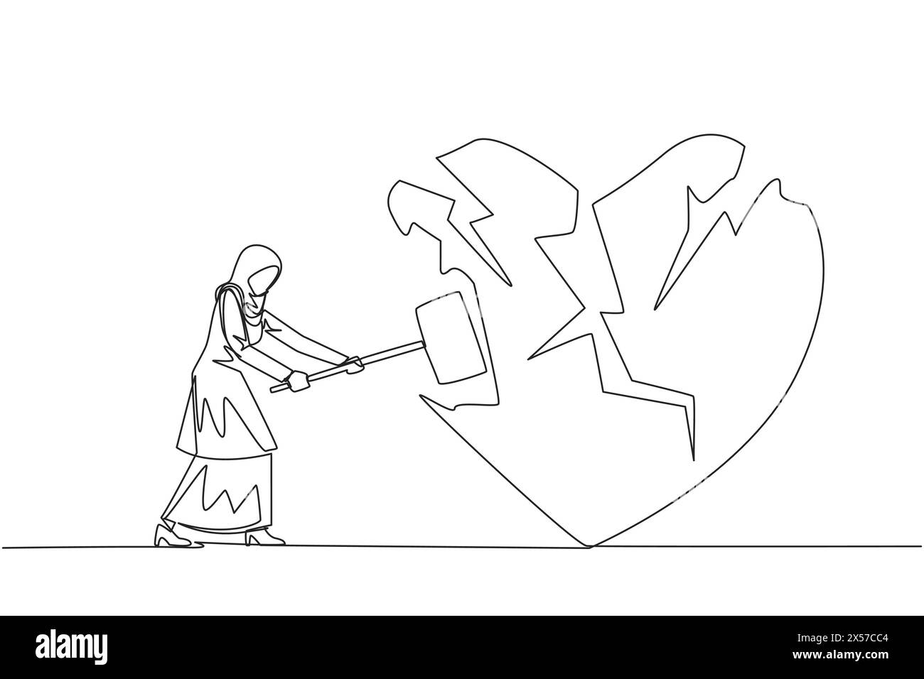Single continuous line drawing Arabian businesswoman preparing to hit ...
